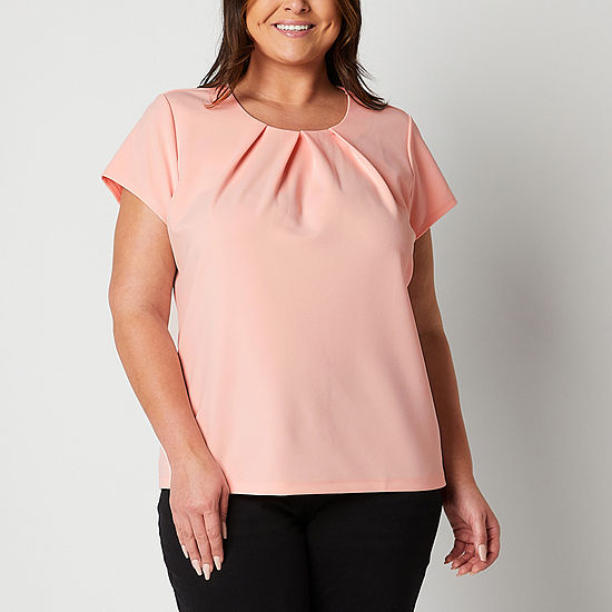 Liz Claiborne Plus Womens Round Neck Short Sleeve Blouse - JCPenney Liz Claiborne Plus Womens Round Neck Short Sleeve Blouse - JCPenney