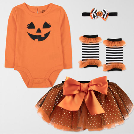 Baby Essentials Baby Girls Halloween Pumpkin Bodysuit  Tutu  Headband & Legwarmers  4 Piece Set - Orange