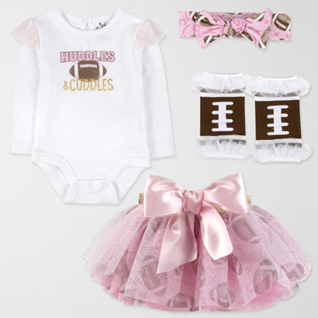 Baby Essentials Baby Girls Huddles Cuddles Football Bodysuit  Tutu  Headband & Legwarmers  4 Piece Set - White