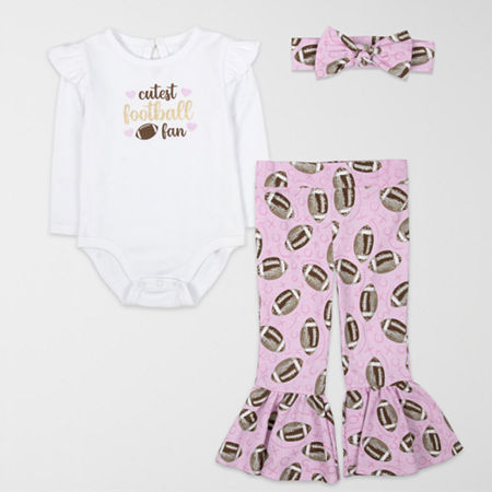 Baby Essentials Baby Girls Cutest Football Fan Bodysuit  Headband & Flare Pants  3 Piece Set - Pink