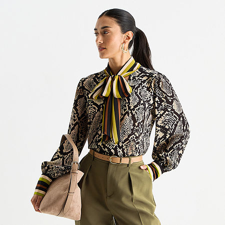 Click here for Worthington Womens Split Tie Neck Long Sleeve Blou... prices