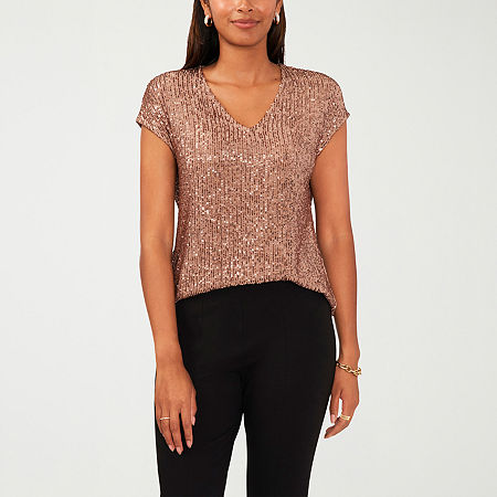 Click here for MSK Sequin Womens V Neck Short Sleeve Blouse  Medi... prices