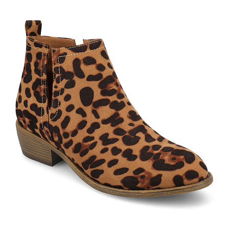 Journee Collection Womens Rimi Notched Ankle Stacked Heel Booties - Leopard