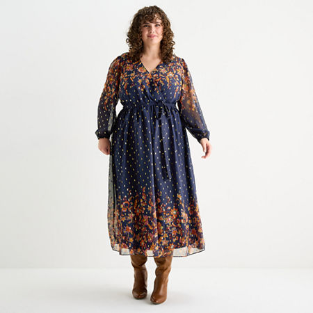 Msk Plus Size Placement Print V-Neck Maxi Dress - Jbs Navy
