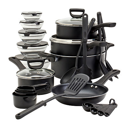 Basic Essentials 32-Pc. Nonstick Aluminum Cookware Set - Black