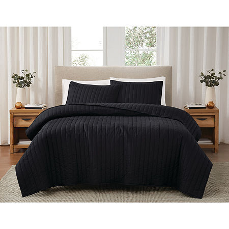 Brooklyn Loom Solid Cotton Percale Quilt Set  One Size  Black