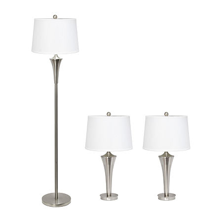 Elegant Designs Tapered 3 Pack Lamp Set 2 Table Lamps  1 Floor Lamp with White Shades - Silver