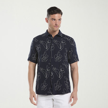 Cubavera Mens Embroidered Short Sleeve Button Down Shirt - Dress Blue