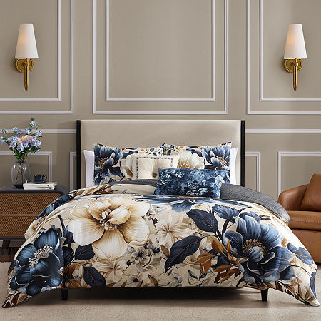 Bebejan English Manor Bedding 100 Cotton Sateen 5 Piece Queen Size Reversible Comforter Set - Blue