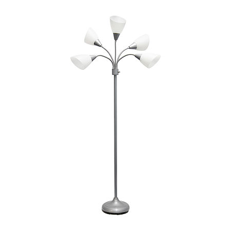Simple Designs 5 Light Adjustable Gooseneck Floor Lamp with Shades - Silver-Tone with White Shades