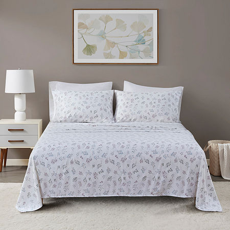 Madison Park Novelty Printed Cotton Flannel 4-Pc. Sheet Set  California King - White Tossed Botanical