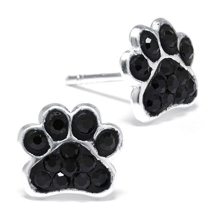 Silver Treasures Paw Print Black Crystal Stud Earrings  One Size