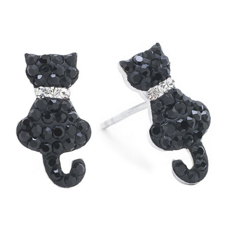Athra Sterling Silver Black Crystal Cat Stud Earrings
