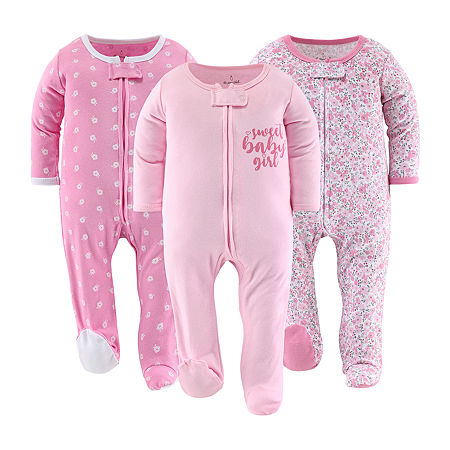 The Peanutshell Floral Love Footed Baby Sleepers for Girls  3 Pack - Pink