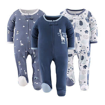 The Peanutshell Baby Boys Blue Safari Footed Sleepers for Boys  3 Pack - Blue