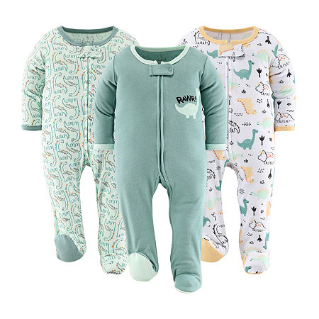 The Peanutshell Baby Boys Green Dino Footed Sleepers for Boys  3 Pack - Green