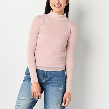 Arizona Build In Cami Womens Juniors Mock Neck Long Sleeve T-Shirt  Small  Pink