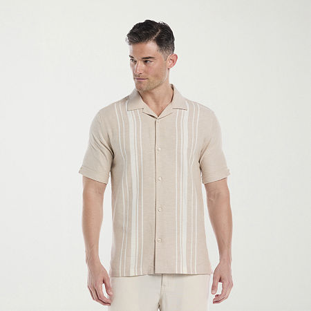 Cubavera Mens Yarndye Panels Dobby Short Sleeve Button Down Shirt - Savannah Tan