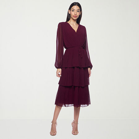 Premier Amour Womens Long Sleeve Midi Fit + Flare Dress  8  Red
