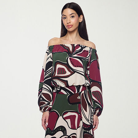 Premier Amour Off The Shoulder Floral Womens Straight Neck Long Sleeve Blouse  Large  Green