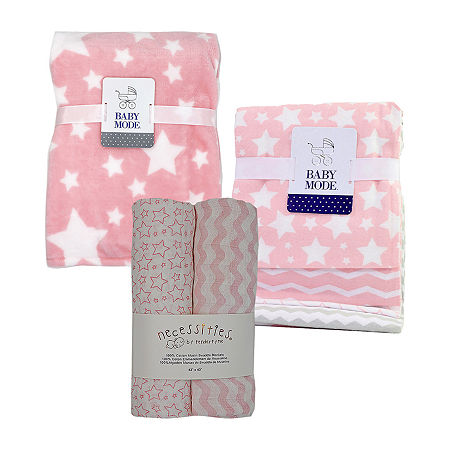Tendertyme Baby Girls Stars Nursery Blanket Collection  7 Piece Set - Pink and White