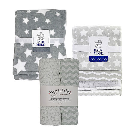 Tendertyme Baby Boys or Baby Girls Stars Nursery Blanket Collection  7 Piece Set - Gray and White