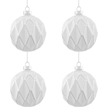 Northlight 4ct White and Gray Diamond Pattern Christmas Glass Ball Ornaments 4 100mm - White