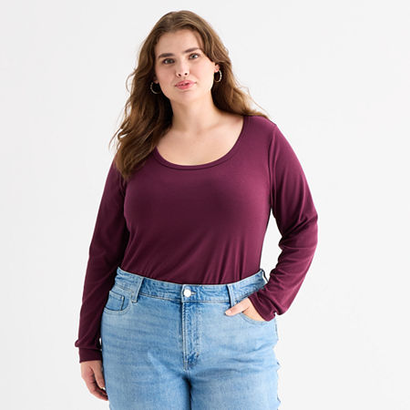 a.n.a Womens Plus Scoop Neck Long Sleeve T-Shirt  5x  Purple