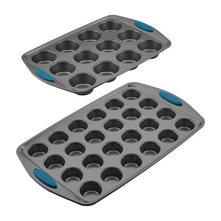 Rachael Ray Yum-o! Nonstick 2-Pc. Bakeware Mini Muffin and Cupcake Pan Set - Gray With Blue Grips