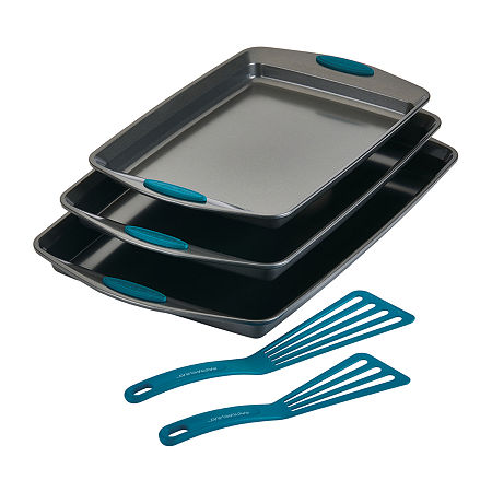 Rachael Ray Nonstick Bakeware Cookie Pan and Turner Spatula Set  5-Pc.  Marine Blue Handles - Gray With Marine Blue Grips