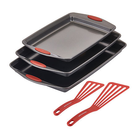 Rachael Ray Nonstick Bakeware Cookie Pan Set  5-Pc.  Gray with Red Silicone Grips - Gray With Red Grips