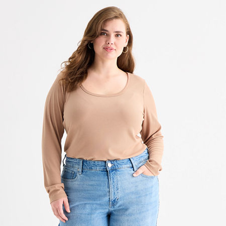 a.n.a Womens Plus Scoop Neck Long Sleeve T-Shirt  3x  Beige