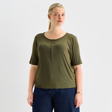 Click here for Worthington Womens Y Neck Elbow Sleeve Plus Blouse... prices