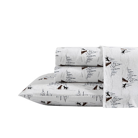 Eddie Bauer Printed Cotton Flannel 4-Pc. Sheet Set  King - Dog Friends White