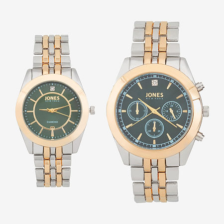 Jones New York Men and Womens Analog Shiny Two-Tone Metal Bracelet His Hers Watch 42mm  34mm Gift Set - Green  Gold  Silver