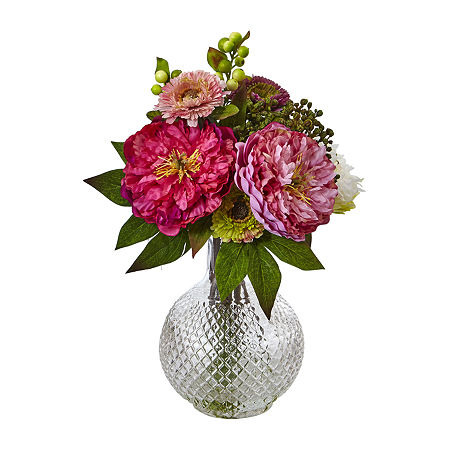 Nearly Natural Peony & Mum in Glass Vase - Pink
