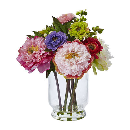 Click here for Nearly Natural Peony And Mum In Glass Vase Artific... prices