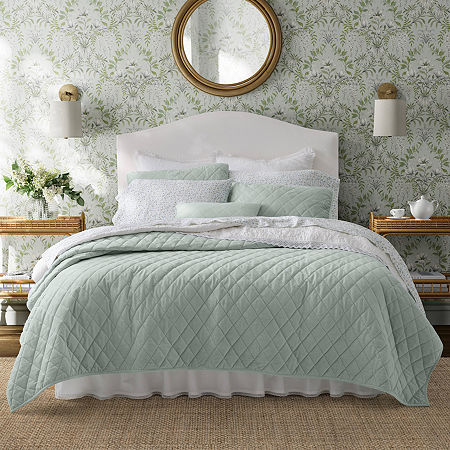 Laura Ashley Solid Velvet Diamond Stitch 3 Piece Quilt Set  Twin - Sage Leaf