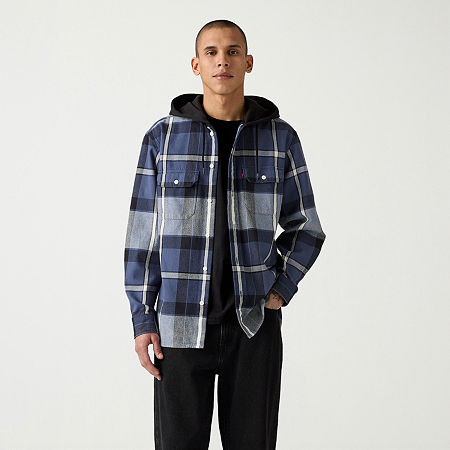Levis Mens Relaxed Fit Hooded Long Sleeve Button-Front Overshirt - Plaid Vintage Indigo