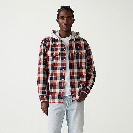 Levis Mens Relaxed Fit Hooded Long Sleeve Button-Front Overshirt - Plaid Russet Brown