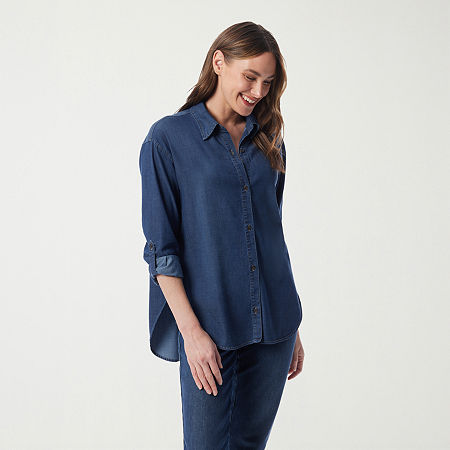 Gloria Vanderbilt Womens Amanda Roll-Tab-Sleeve Button-Front Shirt - Laramie