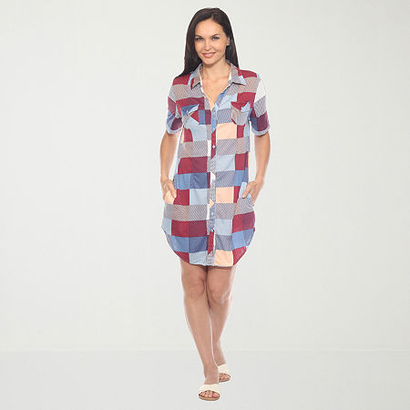 White Mark Womens Short Sleeve Plaid Button-Down Shirt Dress - Blue