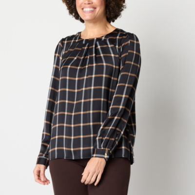 Liz Claiborne Womens Round Neck Long Sleeve Satin Blouse, Color ...