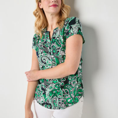 Liz Claiborne Womens Split Crew Neck Short Sleeve Blouse - JCPenney