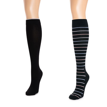 Muk Luks Womens 2 Pair Pack Nylon Compression Knee High Socks  One Wide - Ebony/pastel