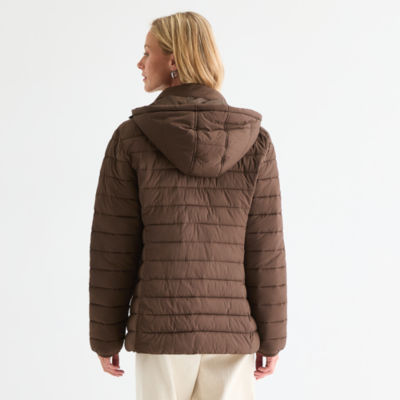 St. John's Bay Womens Petite Hooded Midweight Puffer Jacket