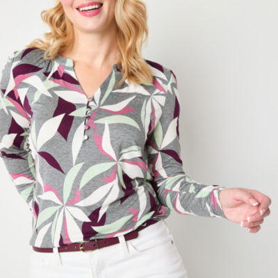 Liz Claiborne Womens Split Crew Neck Long Sleeve Blouse - JCPenney