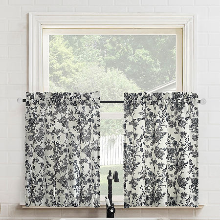 No. 918 Elodie Tonal Botanical Semi-Sheer Rod Pocket Kitchen Curtain Tier Pair - Black
