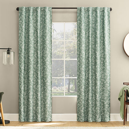Sun Zero Elmira Foliage Woven Jacquard 100 Blackout Back Tab Curtain Panel Pair - Sage green
