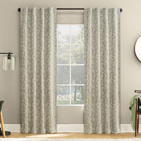Sun Zero Elmira Foliage Woven Jacquard 100 Blackout Back Tab Curtain Panel Pair - Stone